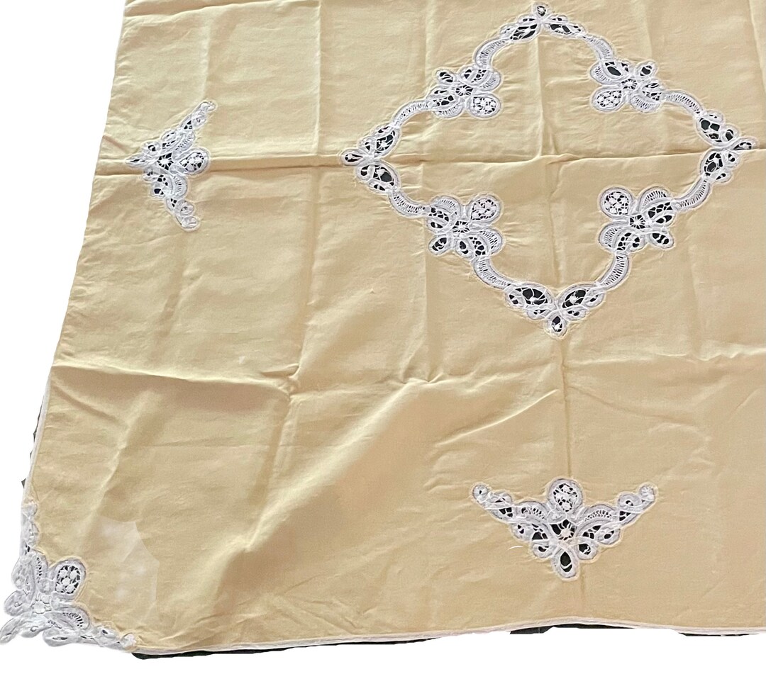 Vintage Linen Tablecloth W Lace Inserts Square in Mustard Yellow ...