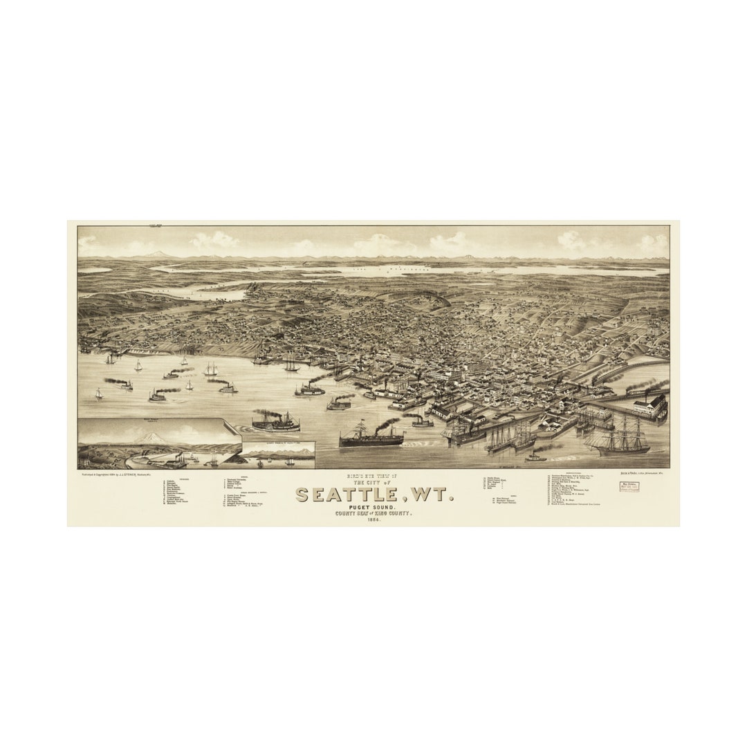 Seattle. Puget Sound Antique 1884 Map. Premium Museum Grade Archival ...