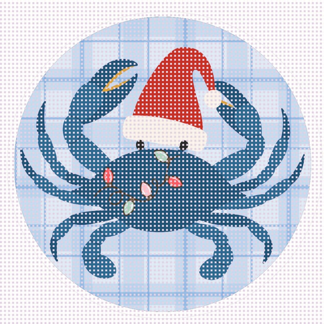 Santa Claws Blue Crab Needlepoint Canvas – 4x4” Round on 14-count Mes ...
