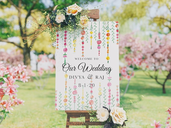 Colorful Hanging Floral Wedding Welcome Sign Mendhi Party | Etsy