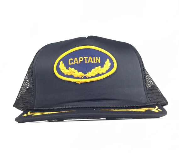 Vintage 90s CAPTAIN Patch Logo Black Trucker Hat Cap … - Gem