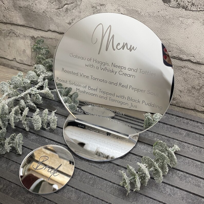 Round Mirror Wedding Menu Table Centre | Wedding Decor | Laser Engraved ...