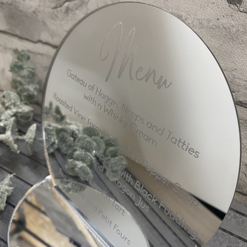Round Mirror Wedding Menu Table Centre | Wedding Decor | Laser Engraved ...