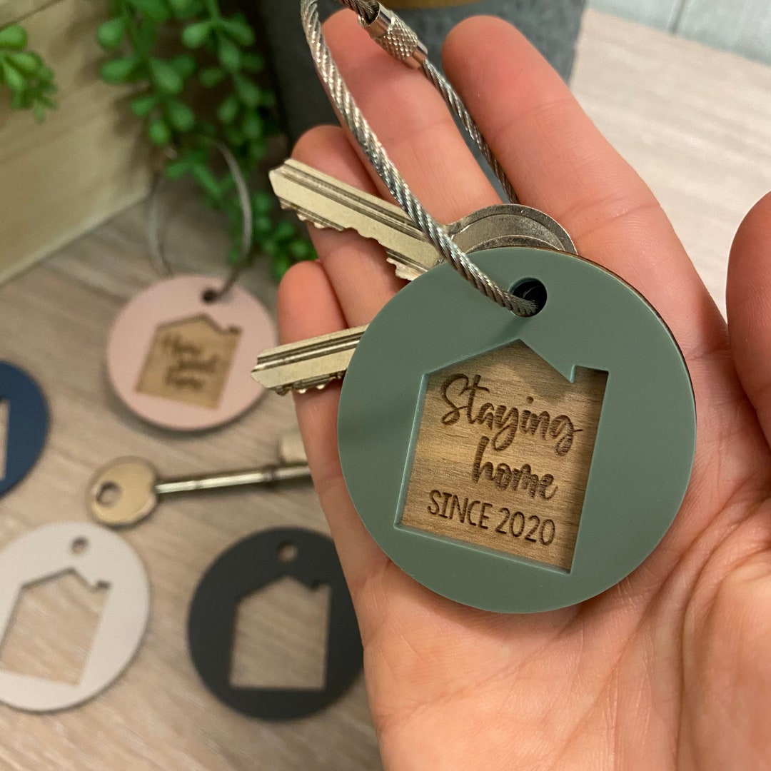 Walnut & Matte Acrylic Keyring Keychain Engraved House Keys New Home ...