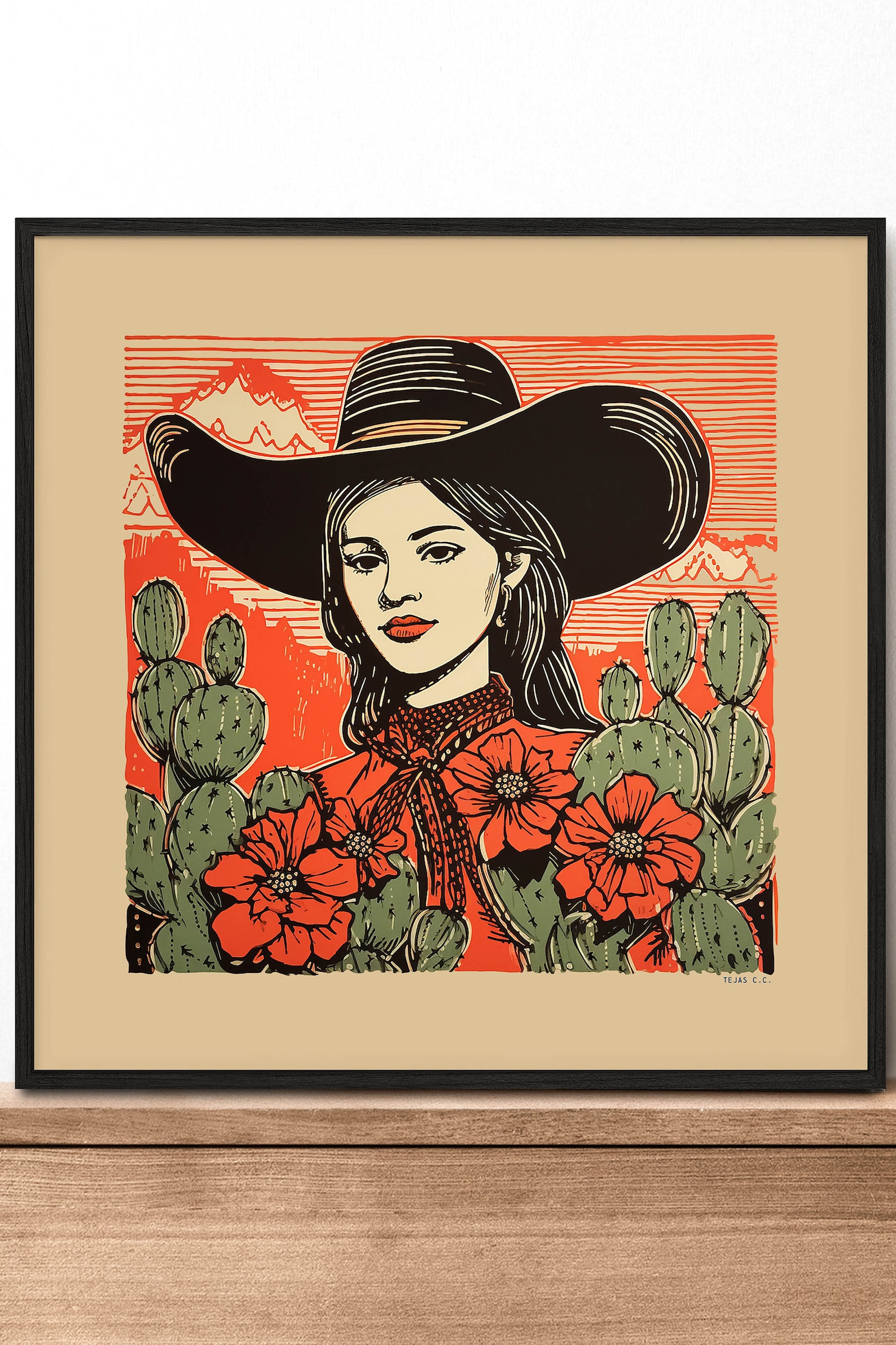 Cowgirl Art Wall Decor Desert Theme Cowboy Hat Linocut Style Art Print ...