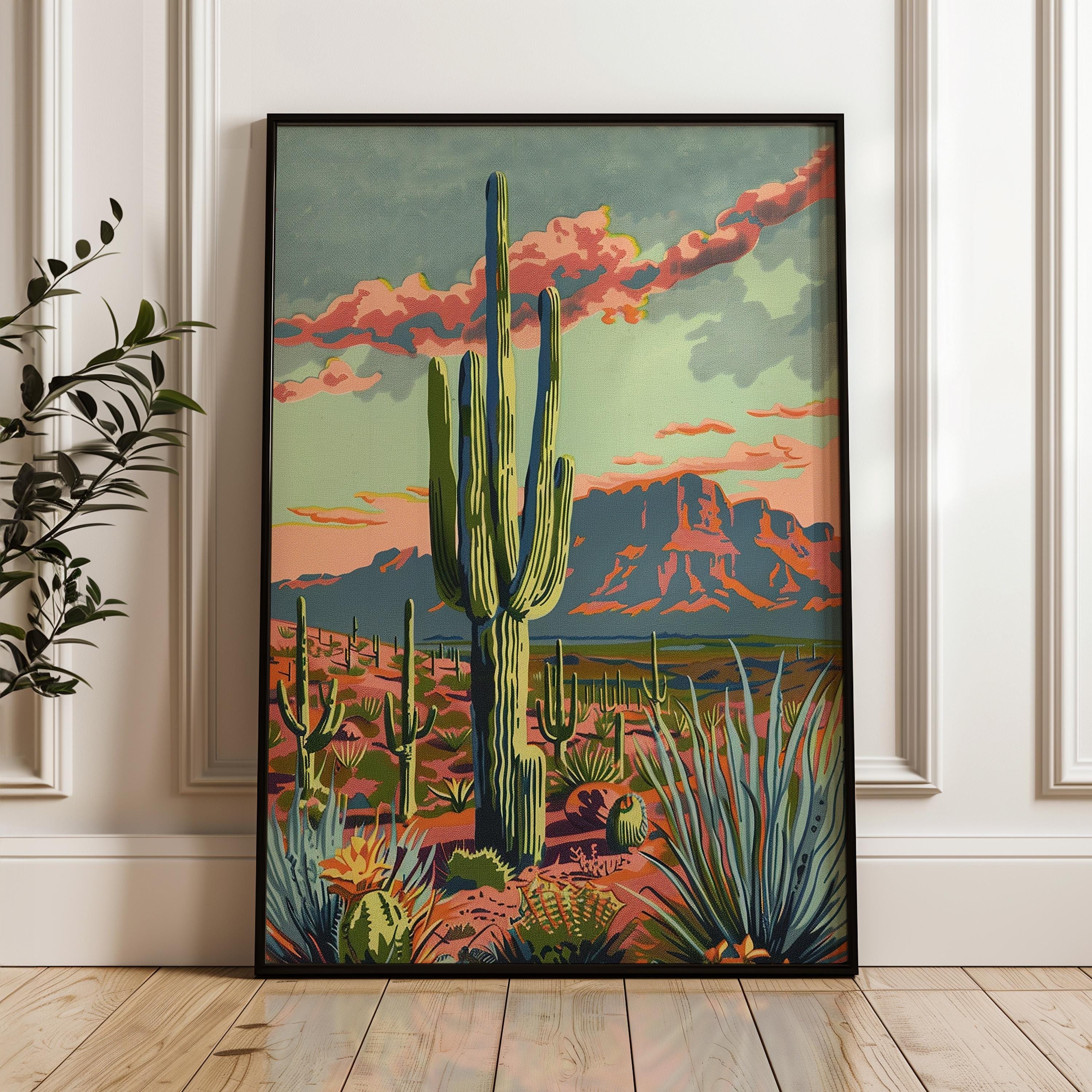 Paint by Number Style Desert Wall Art Vintage Cactus Print Southwestern ...