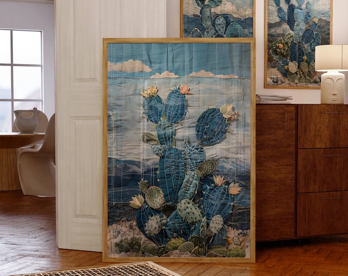 Denim Decor Prickly Pear Cactus Art Print Poster Desert Landscape Denim ...
