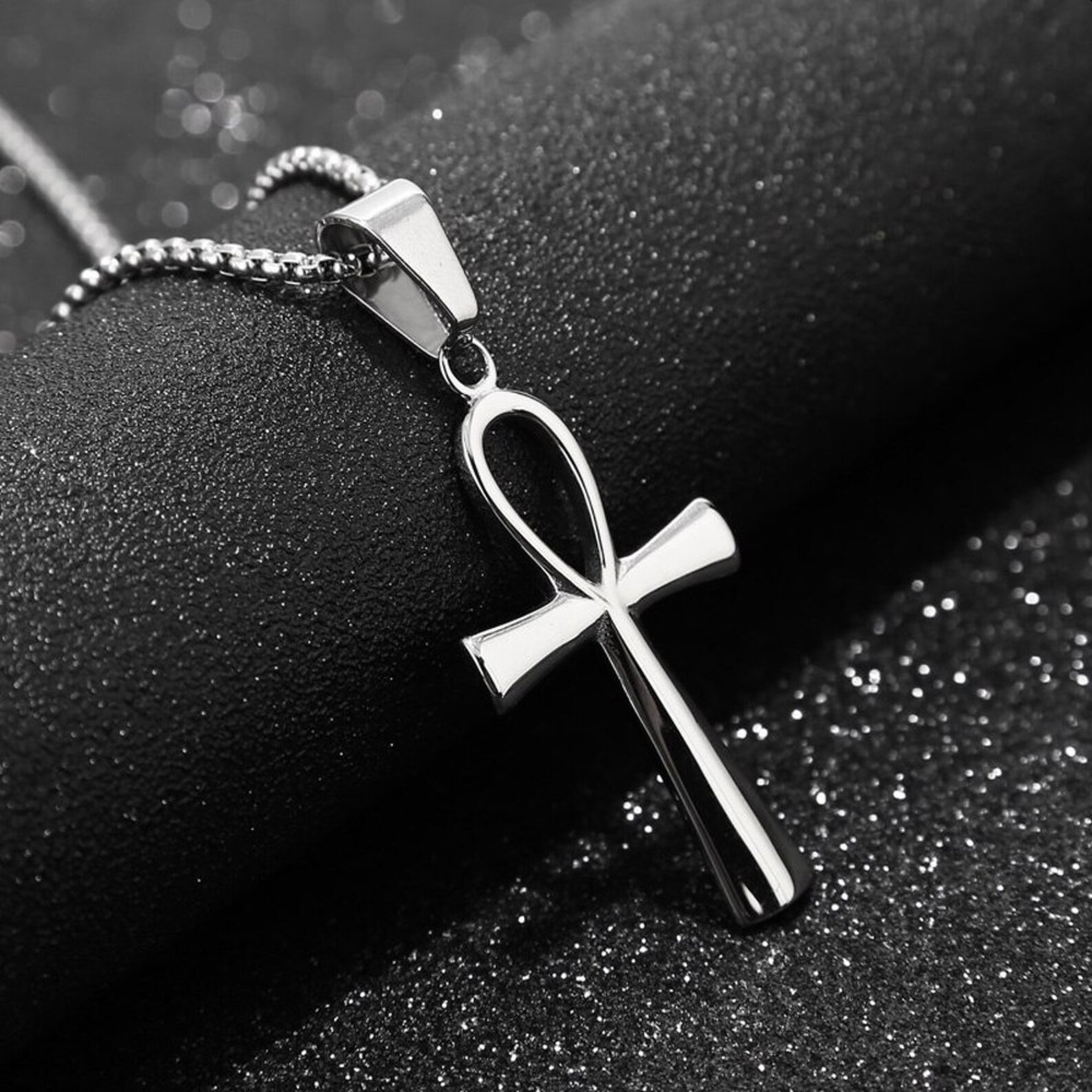 Stainless Steel Coptic Ankh Cross With Square Rolo Chain Necklace ...