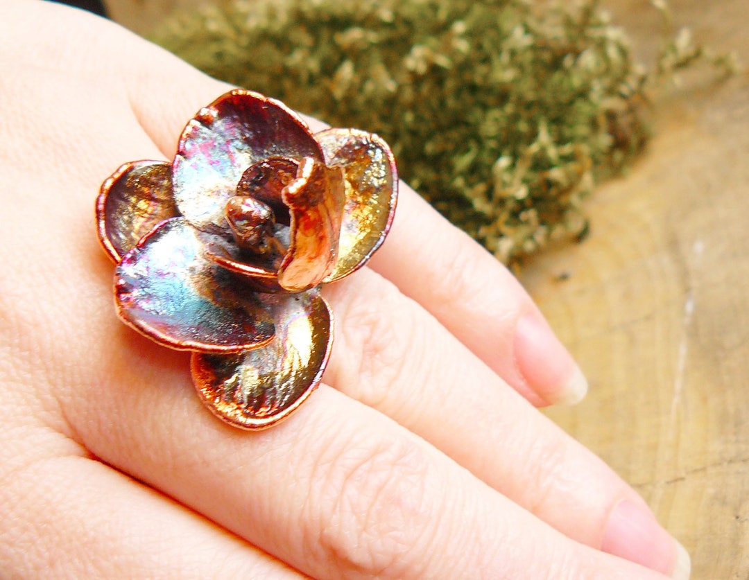 Electroformed Copper Orchid Ring: Natural Flower, Rainbow Patina - Etsy