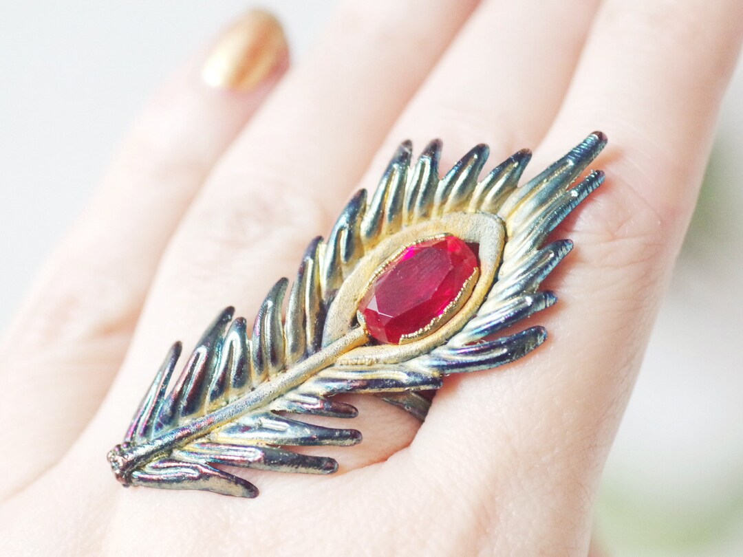 Electroformed Copper Phoenix Feather Ring With Ruby - Etsy