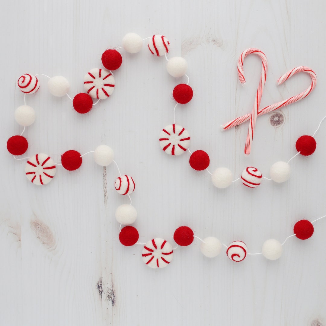 Peppermint Candy Garland - Red and White Garland - Felt Ball Garland ...