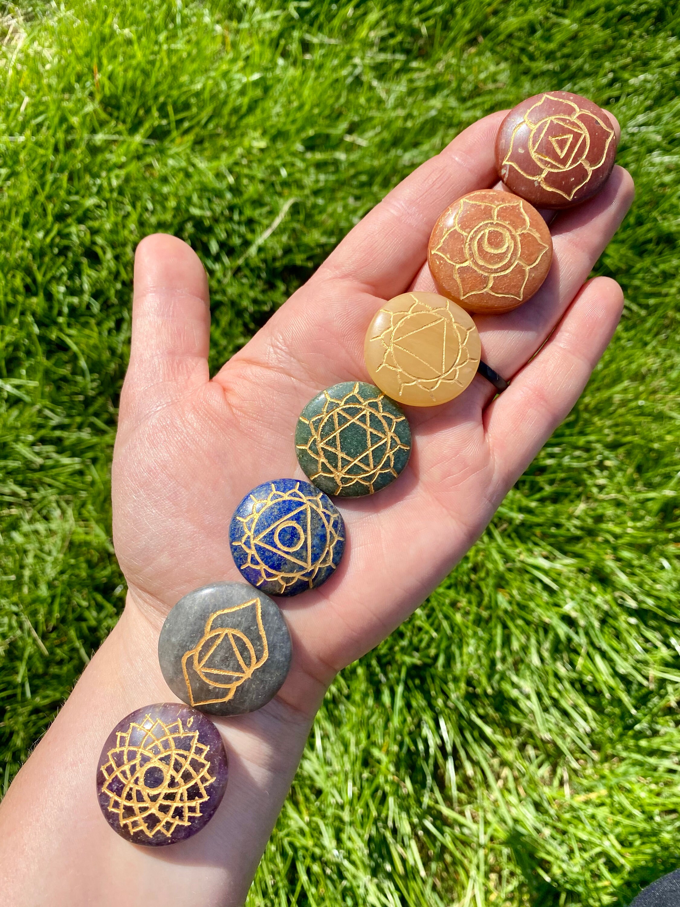 Round Seven Chakra Stones worry stones engraved chakra set | Etsy