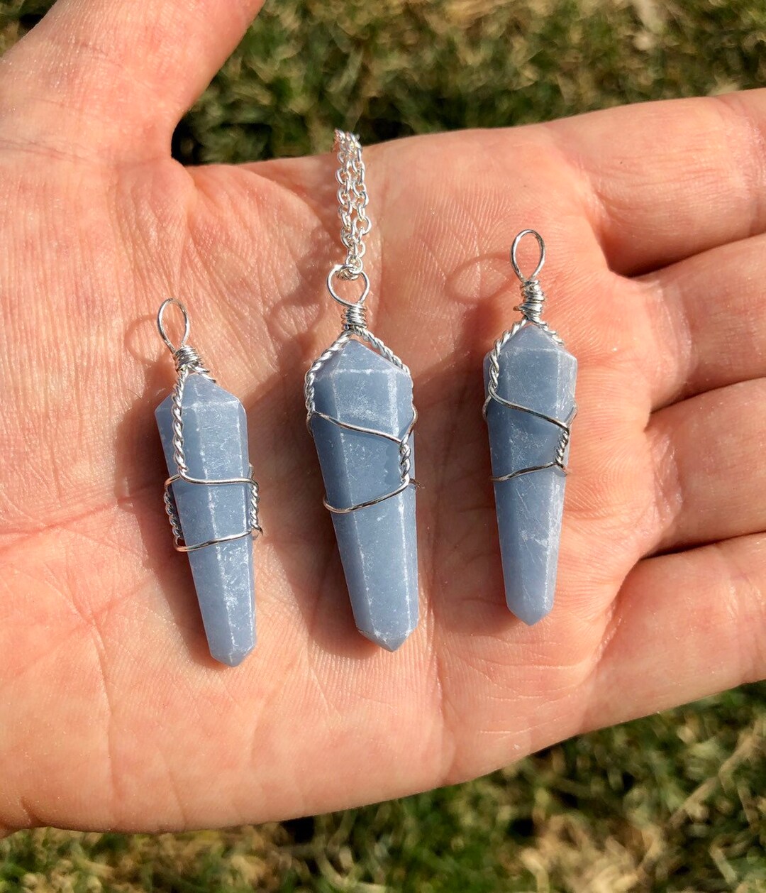 Angelite Pendant (anhydrite) From Peru - Wire Wrapped Angelite - Blue ...