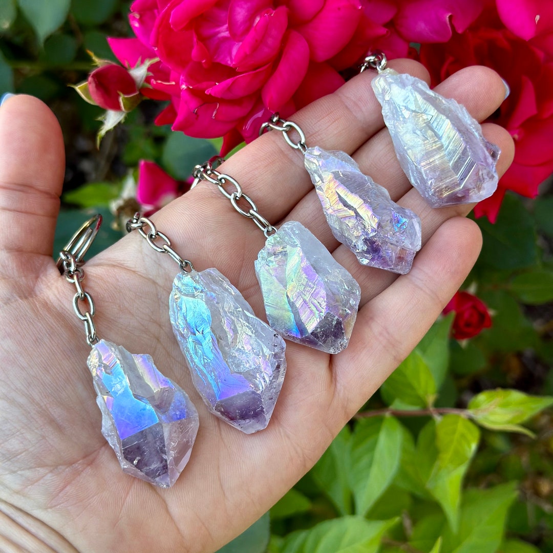Raw Aura Amethyst Crystal Keychain - Raw Angel Aura Stone Keyring ...