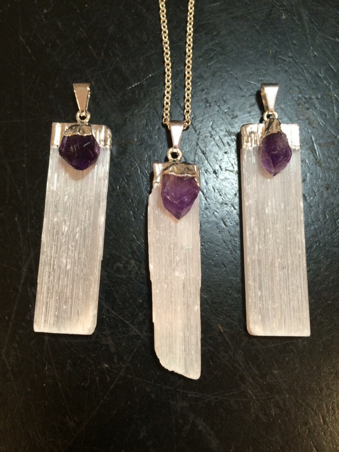 Raw Selenite Pendant with Amethyst point Selenite necklace | Etsy