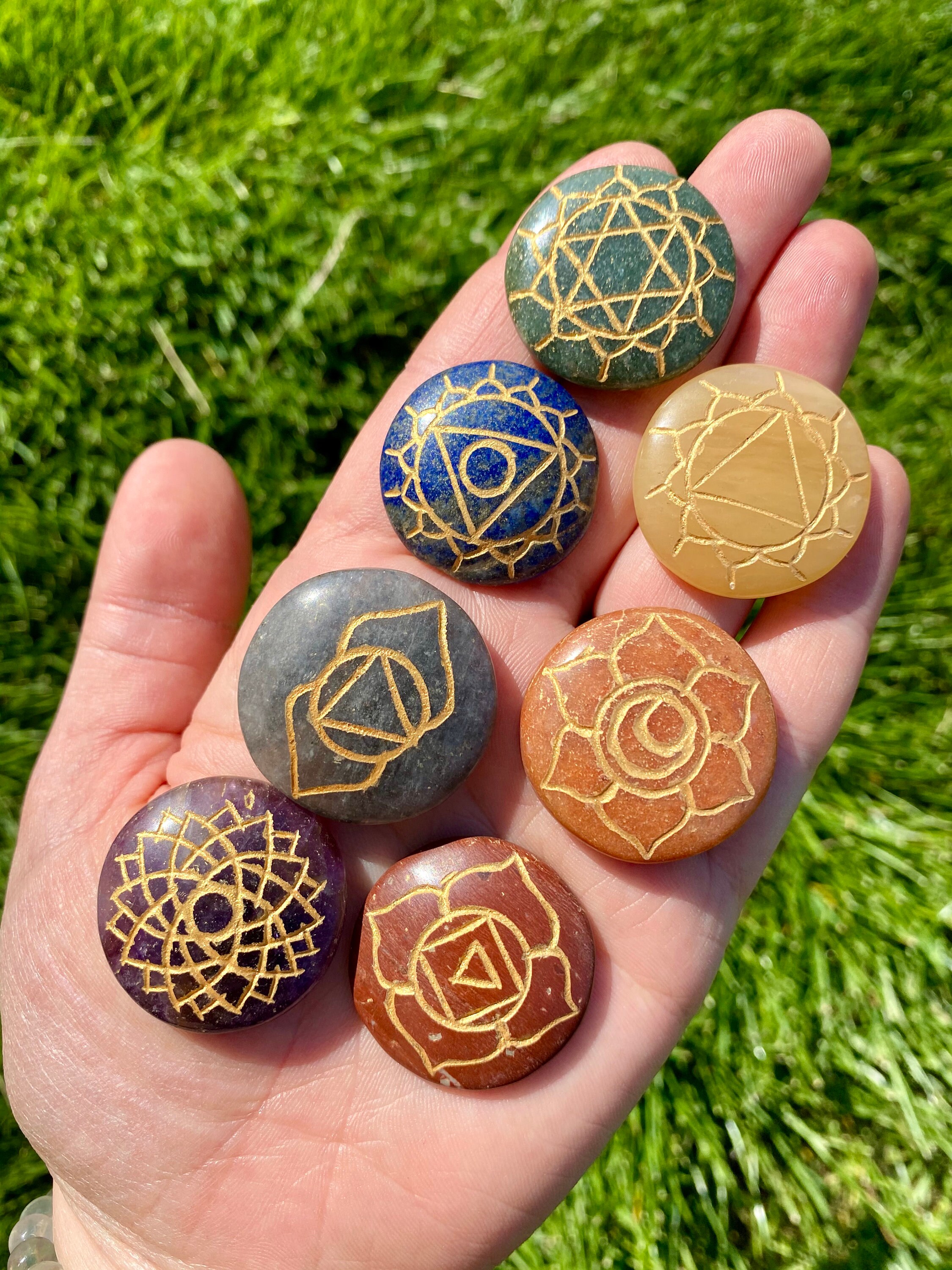 Round Seven Chakra Stones worry stones engraved chakra set | Etsy