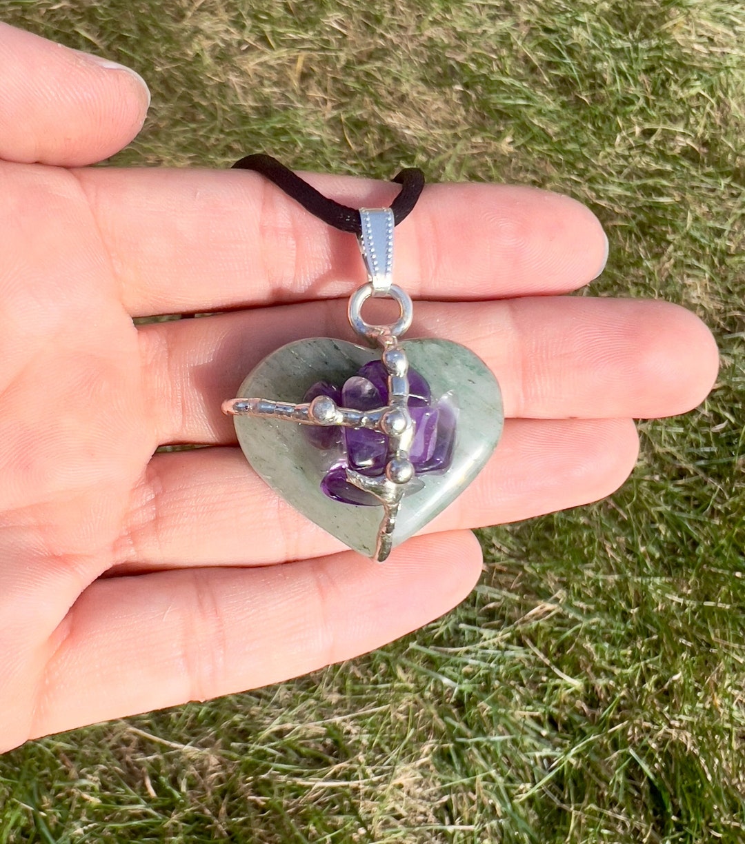Green Aventurine Heart Amulet - Green Aventurine and Amethyst - Crystal ...