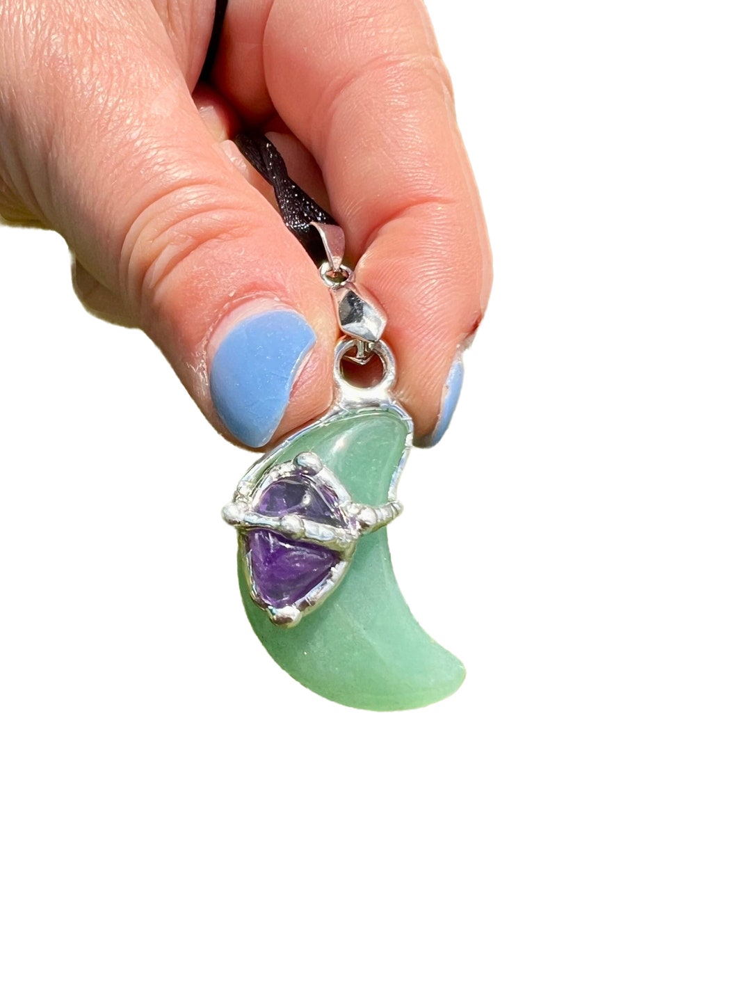 Amethyst & Green Aventurine Moon Amulet - Crystal Amulet - Moon Pendant ...