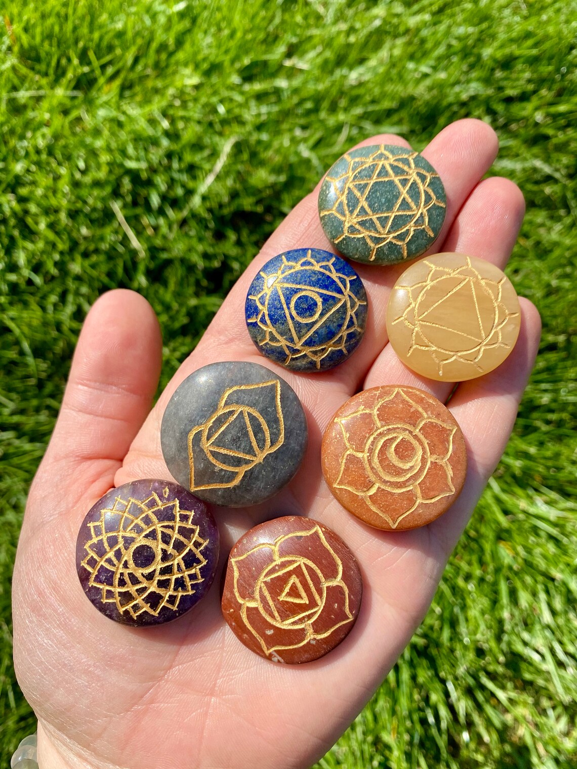 Round Seven Chakra Stones Worry Stones Engraved Chakra Set - Etsy
