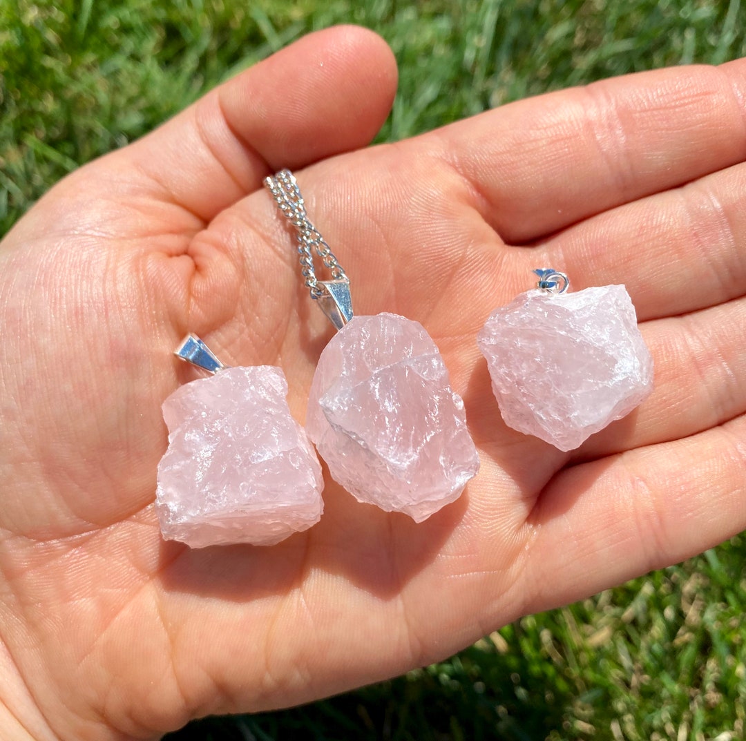 Raw Rose Quartz Necklace - Rough Rose Quartz Pendant - Raw Rose Quartz ...
