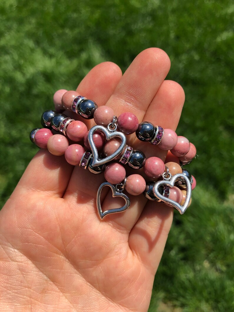 Hematite & Rhodonite bracelet with Silver Heart Charm | Etsy