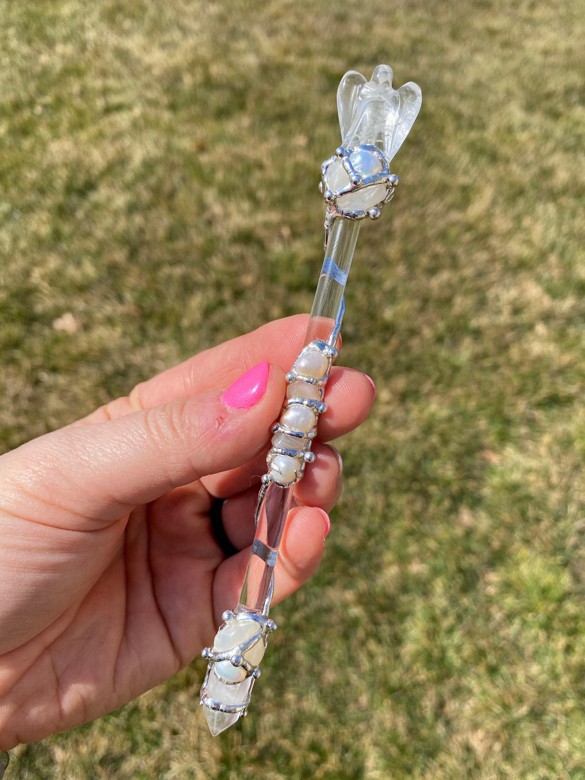 Angel Wand Clear Quartz Crystal Pearl Moonstone Healing | Etsy