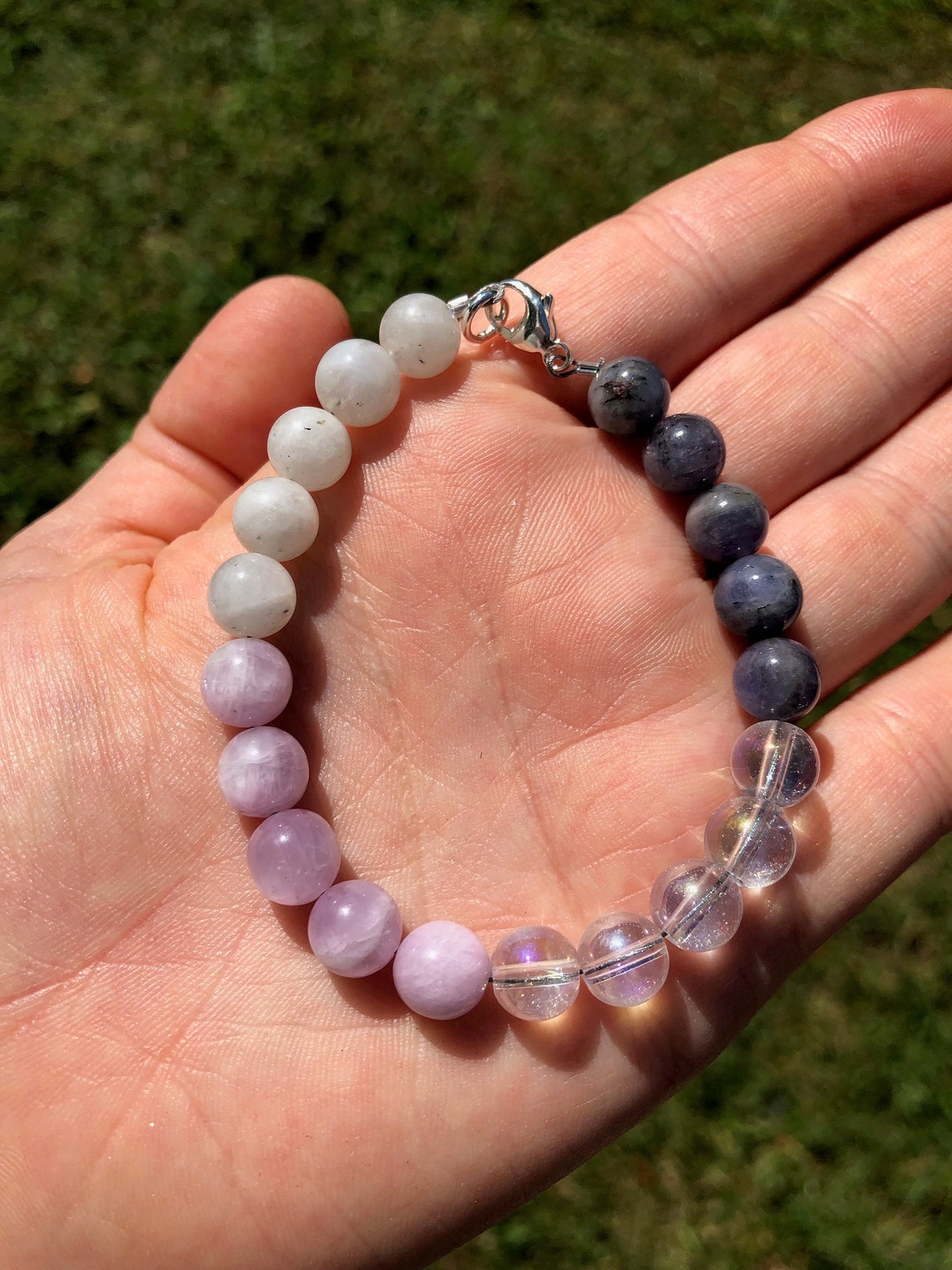 Rainbow Moonstone, Kunzite, Tanzanite, & Angel Aura Quartz Bracelet 8mm ...