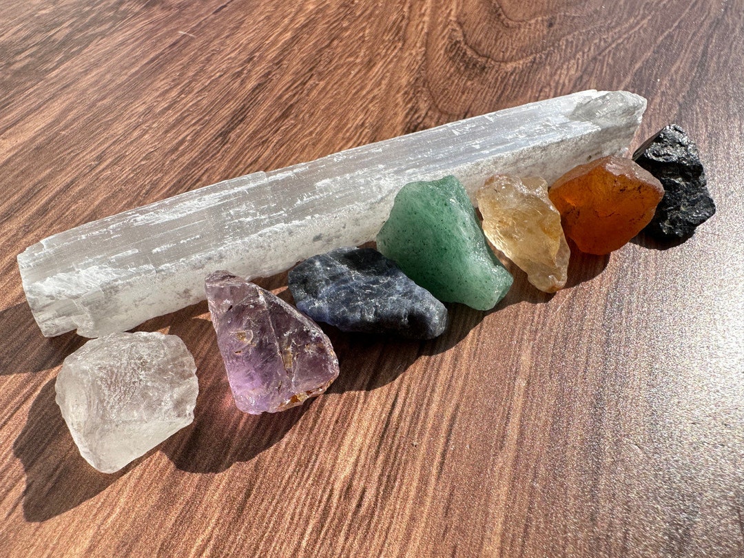 7 Chakra Crystal Set & Selenite Wand Raw Healing Crystal Chakra Kit Rough Chakra Gemstone Bundle ...