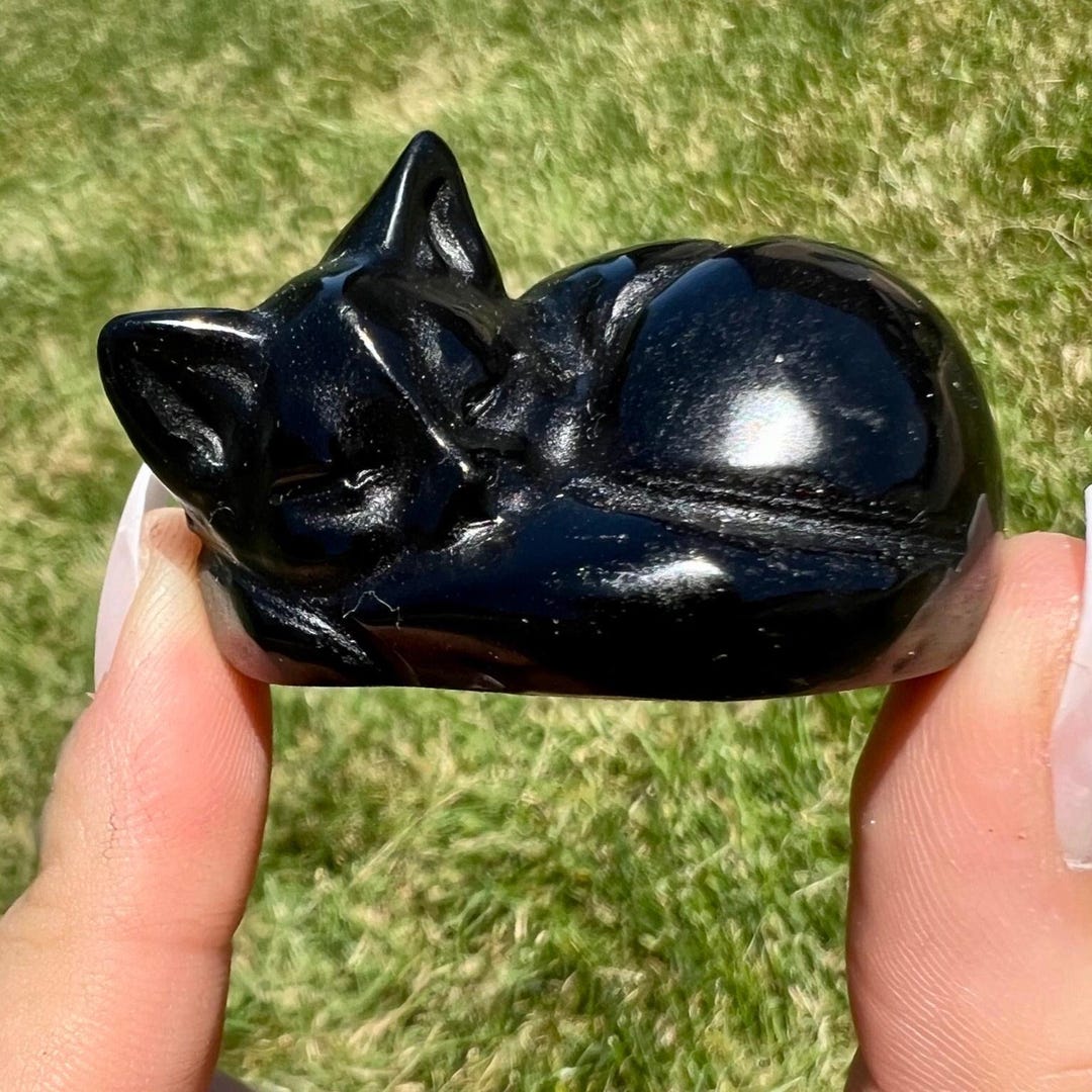 Black Obsidian Crystal Cat - Sleeping Cat Sculpture - Hand Carved Black ...