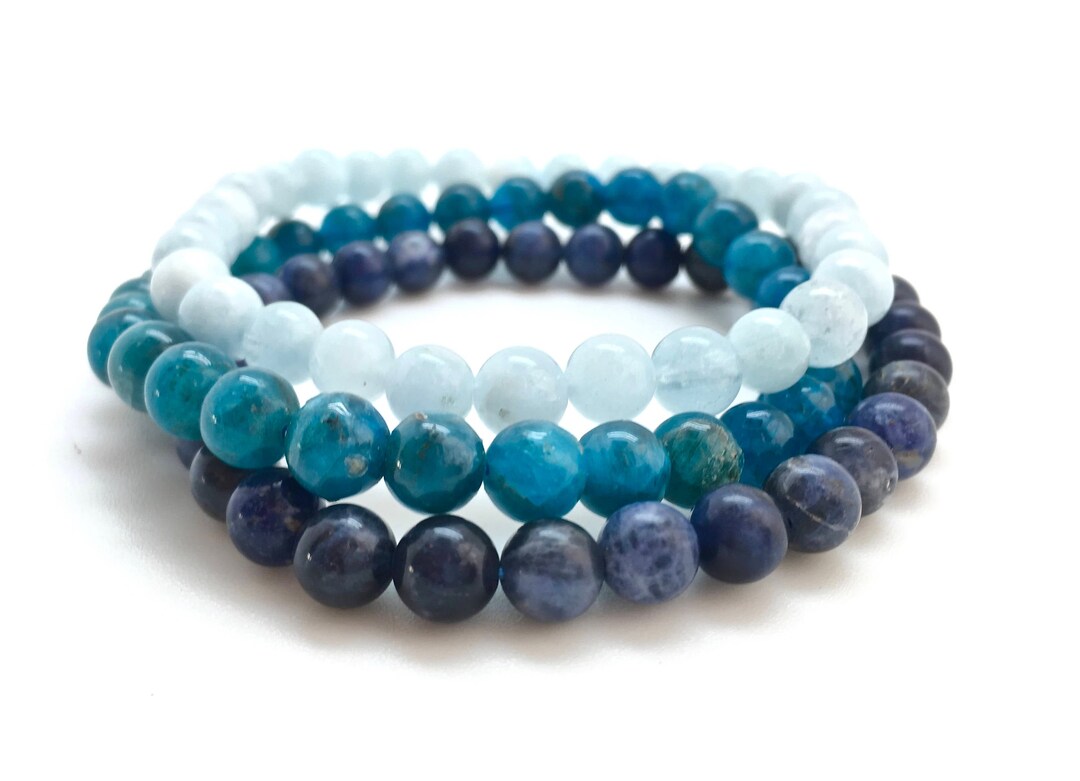 Throat Chakra Bracelet Set - Crystal Elastic Bracelets - Aquamarine, Sodalite, Blue Apatite ...