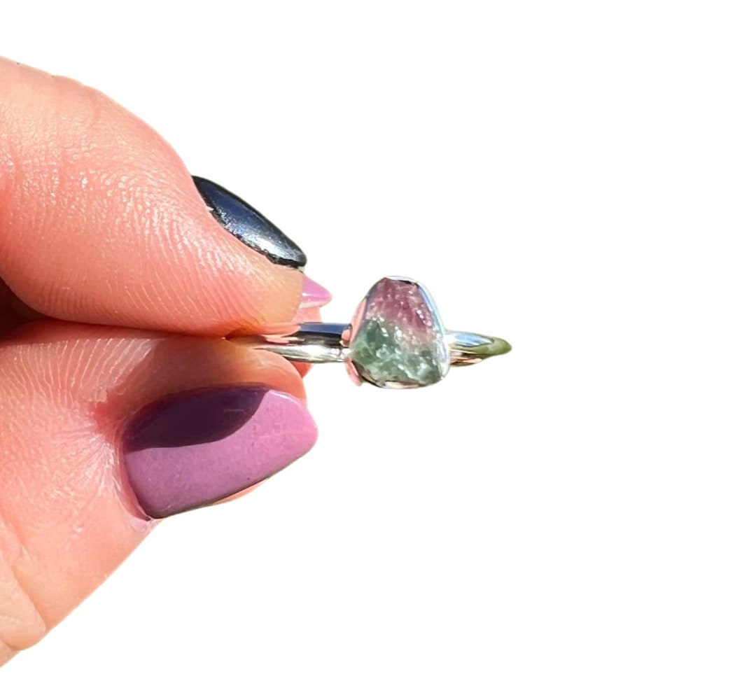 Raw Watermelon Tourmaline Ring - Sterling Silver - Sizes 4 to 10 (US ...