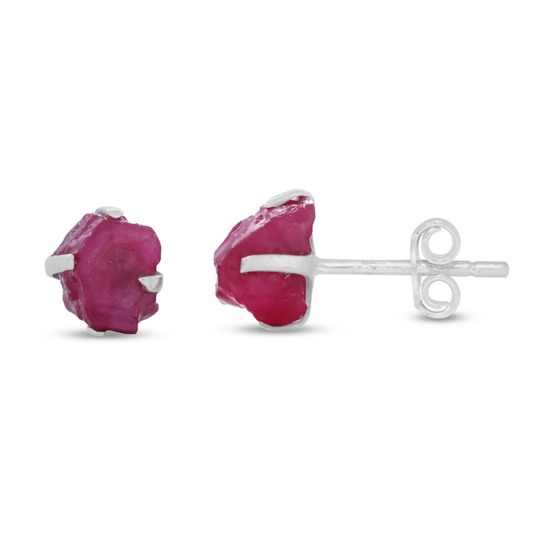 Raw Ruby Earrings Set in Sterling Silver - Raw Ruby Stud Earrings - Raw ...