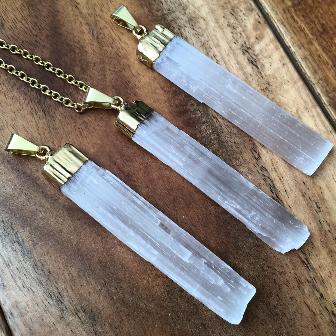 Raw Selenite Pendant in Gold Colored Metal - Selenite Necklace ...