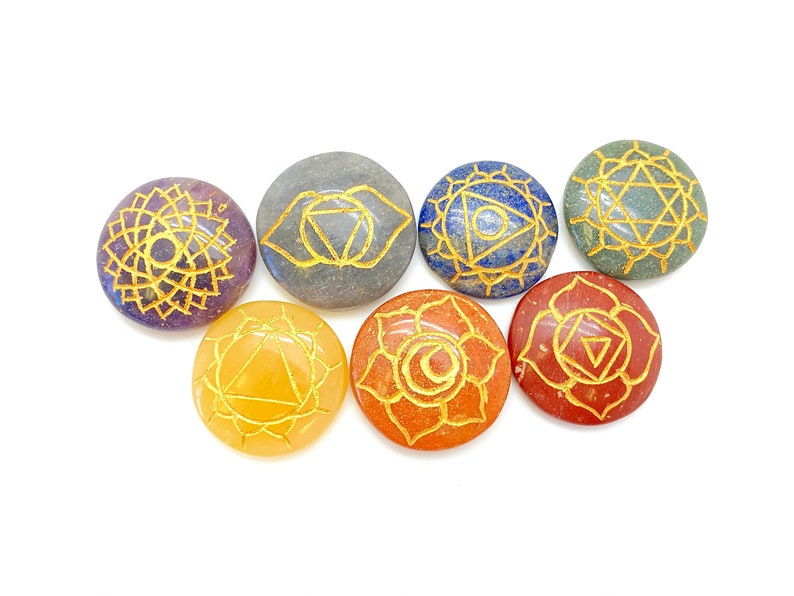 Round Seven Chakra Stones worry stones engraved chakra set | Etsy