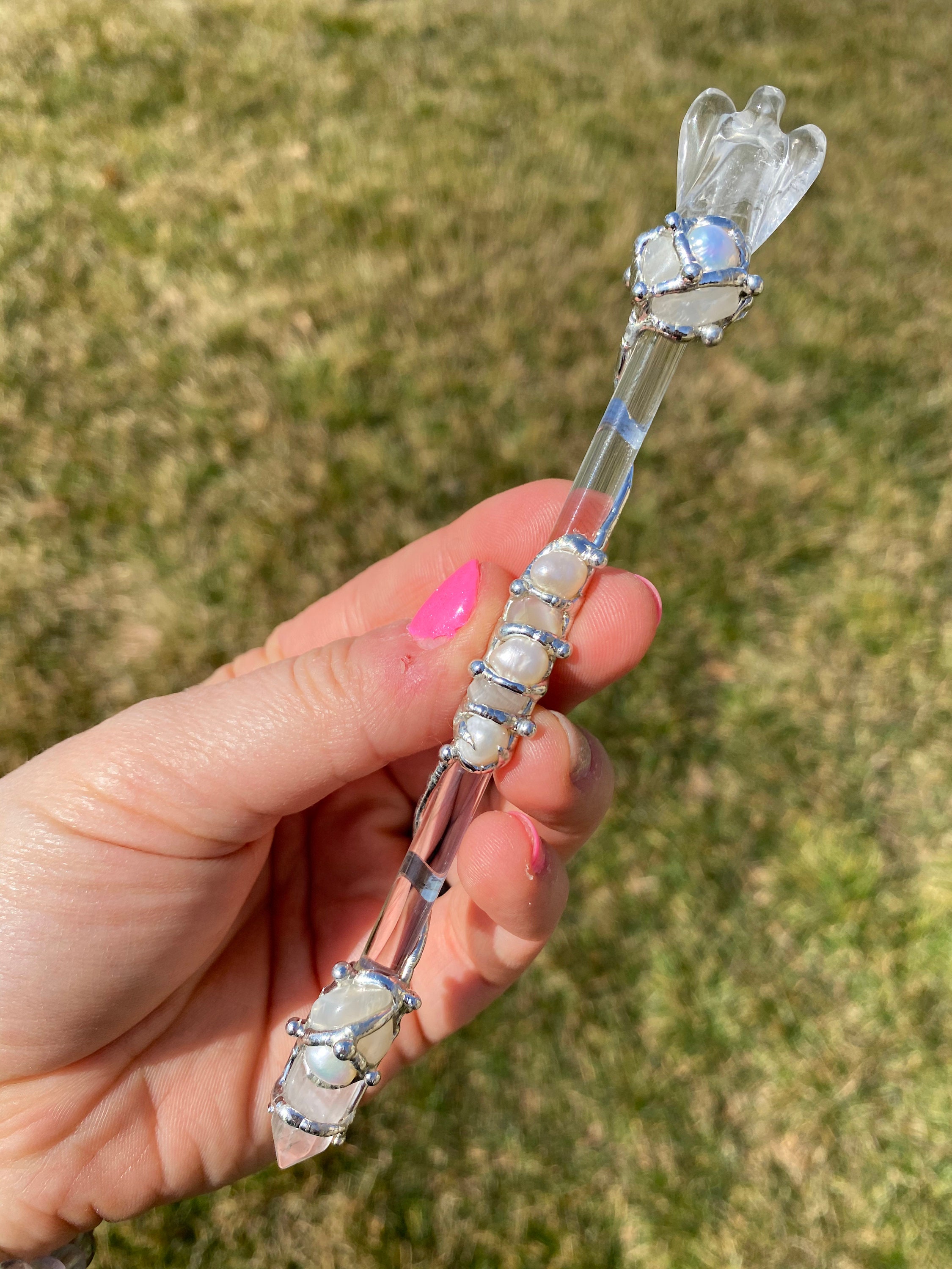 Angel Wand Clear Quartz Crystal Pearl Moonstone Healing | Etsy
