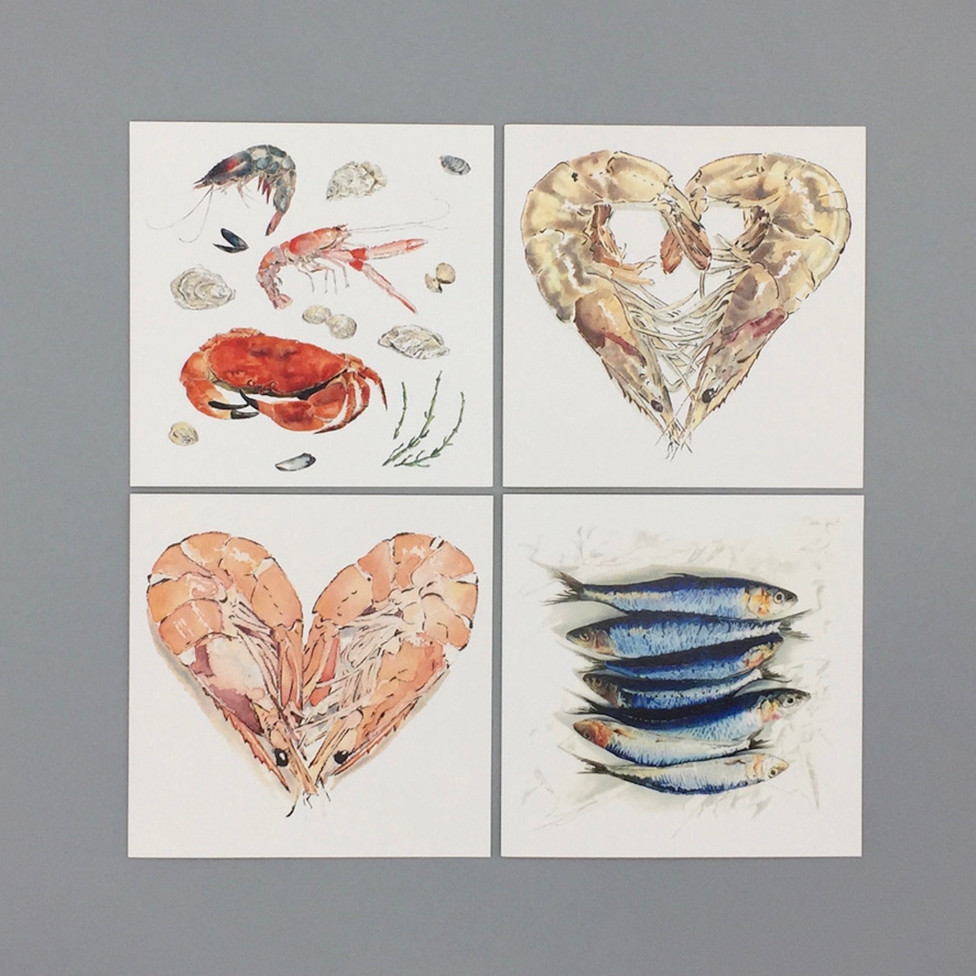 Set of 4 British Seafood Notecards. Prawn, Cornish Sardines, Blank Any ...
