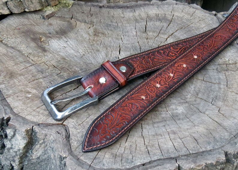 Personalized Flowers Tooled Leather Belt western belt mens | Etsy
