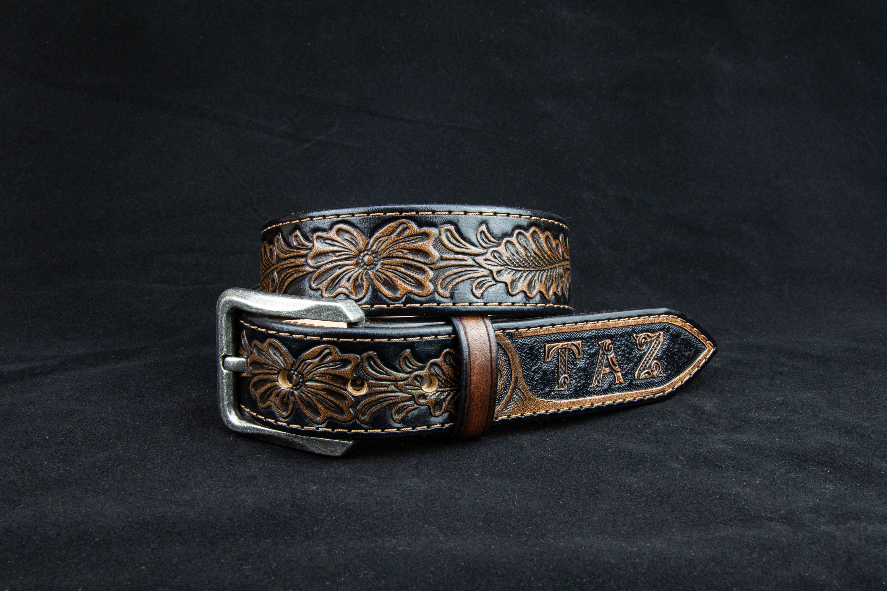 Personalized Flowers Tooled Leather Belt Western belt mens | Etsy