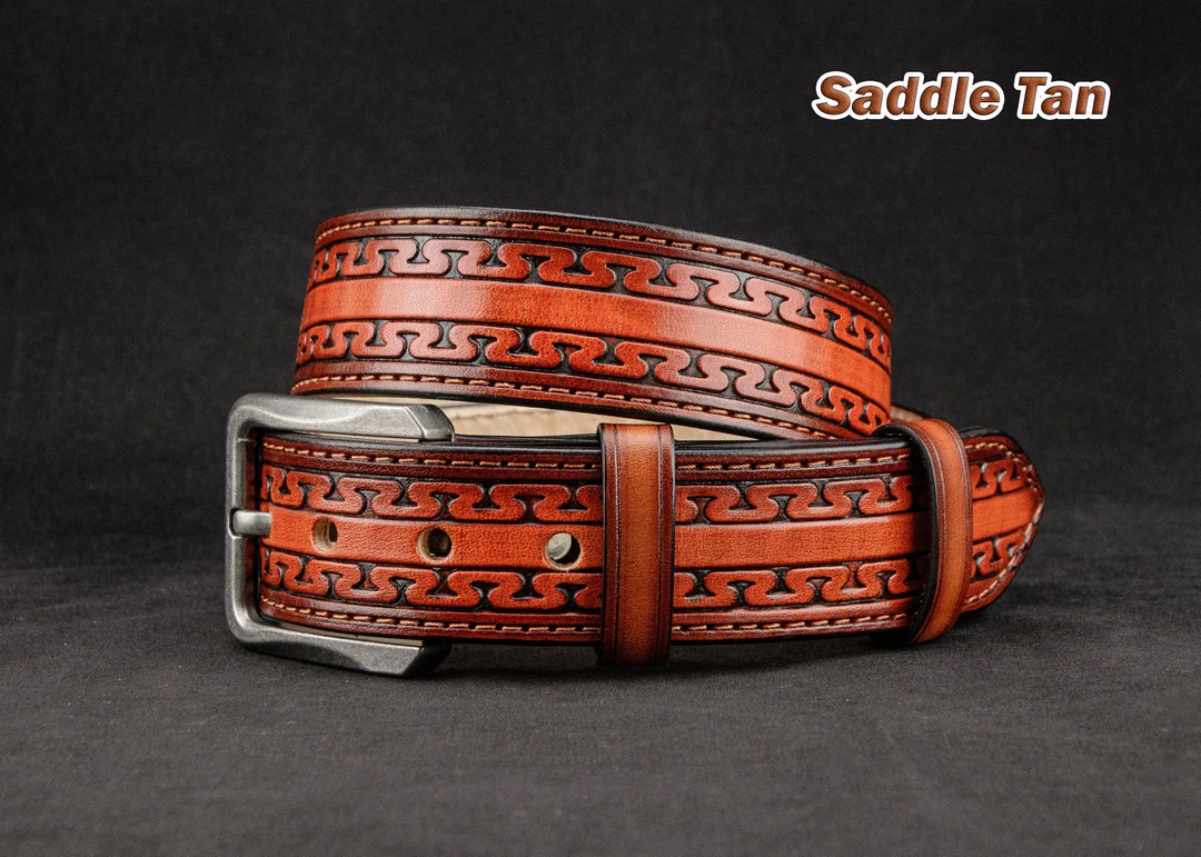 Personalized Greek Pattern Tooled Leather Belt Western Belt, Mens ...