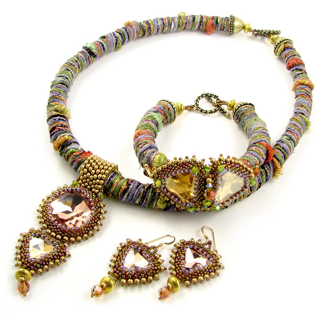 Fiber-wrapped Set, With Necklace, Bracelet, Earrings With Crystal ...