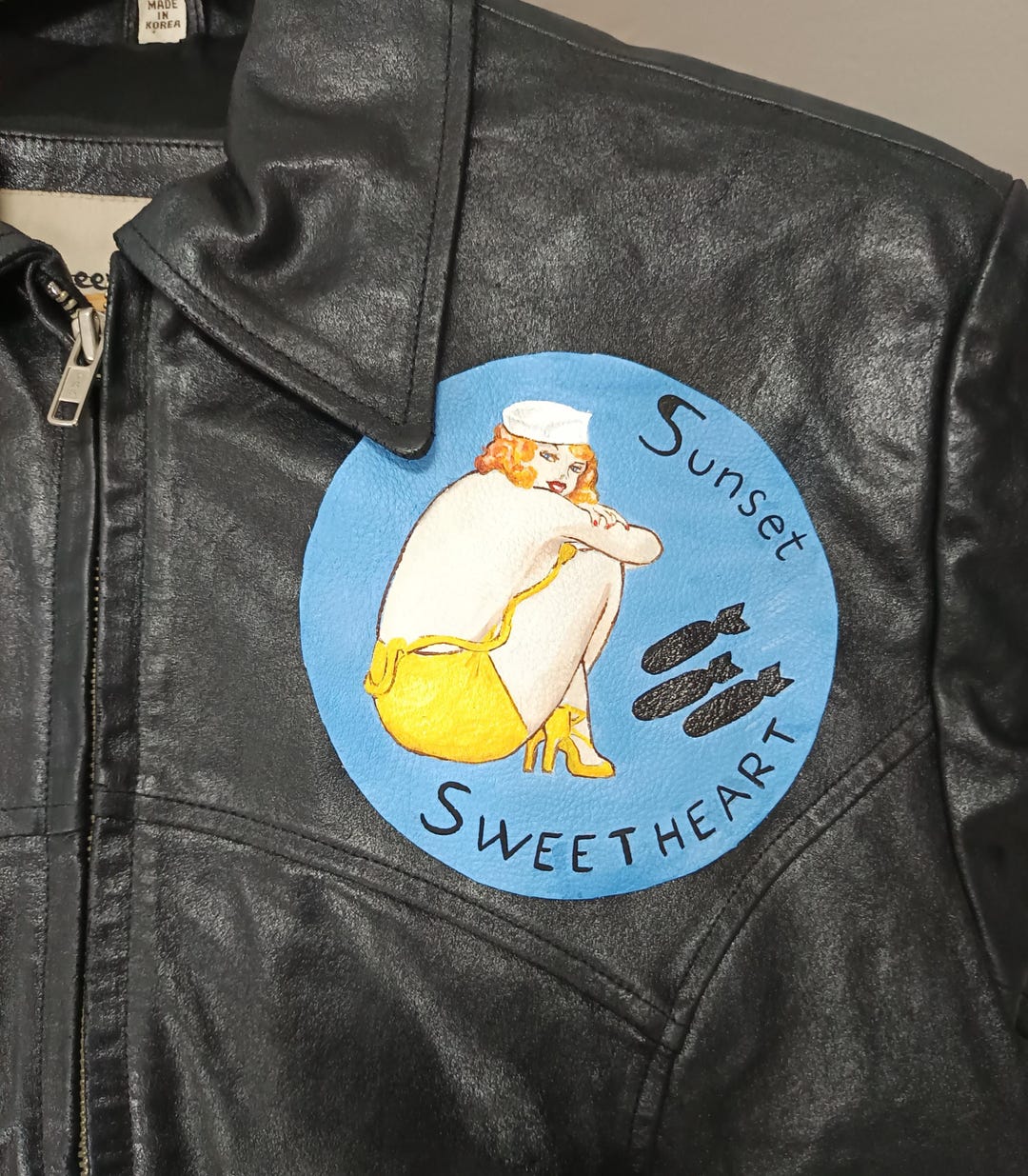 Pinup Patch, Pilot A2 Jacket Leather Patch, Nose Art Patch, Hand Painted Sunset Sweetheart Pinup ...