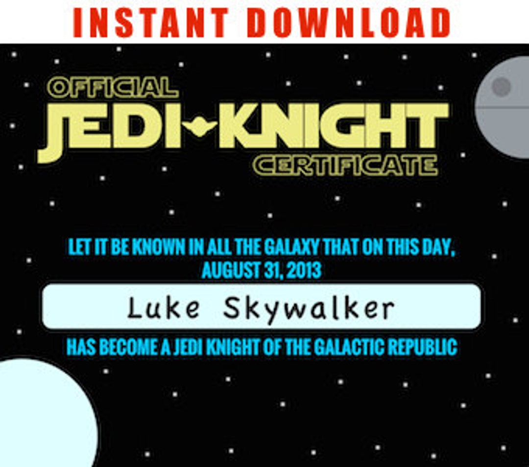 Editable Jedi Knight Certificate: Star Wars Party Favor (PDF) - Etsy
