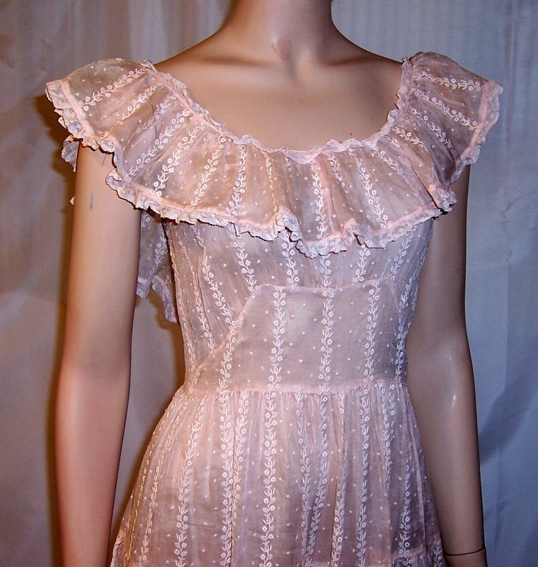 1930's Pale Pink Organdy Embroidered Gown With Ruffled - Etsy
