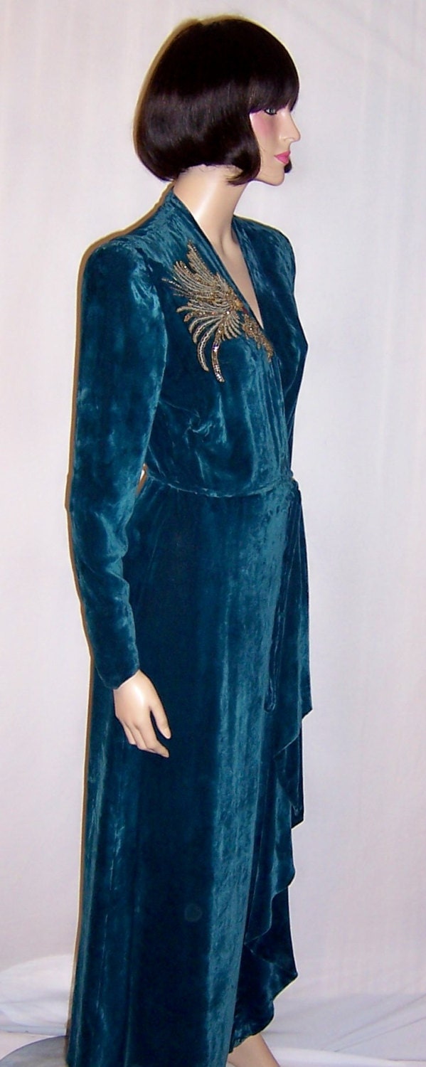 Luxurious Teal Silk Velvet House Wrapper With Beaded Bird, Flora, and ...