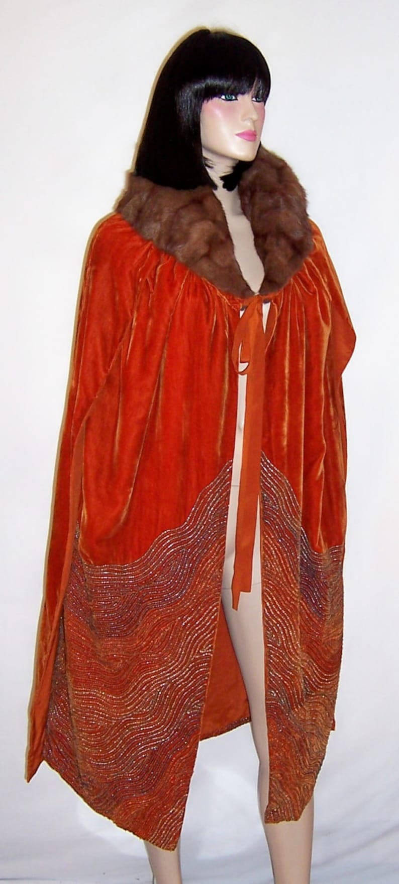 1920's Burnt Sienna Silk Velvet, Beaded Opera Cape/cloak With Fur ...