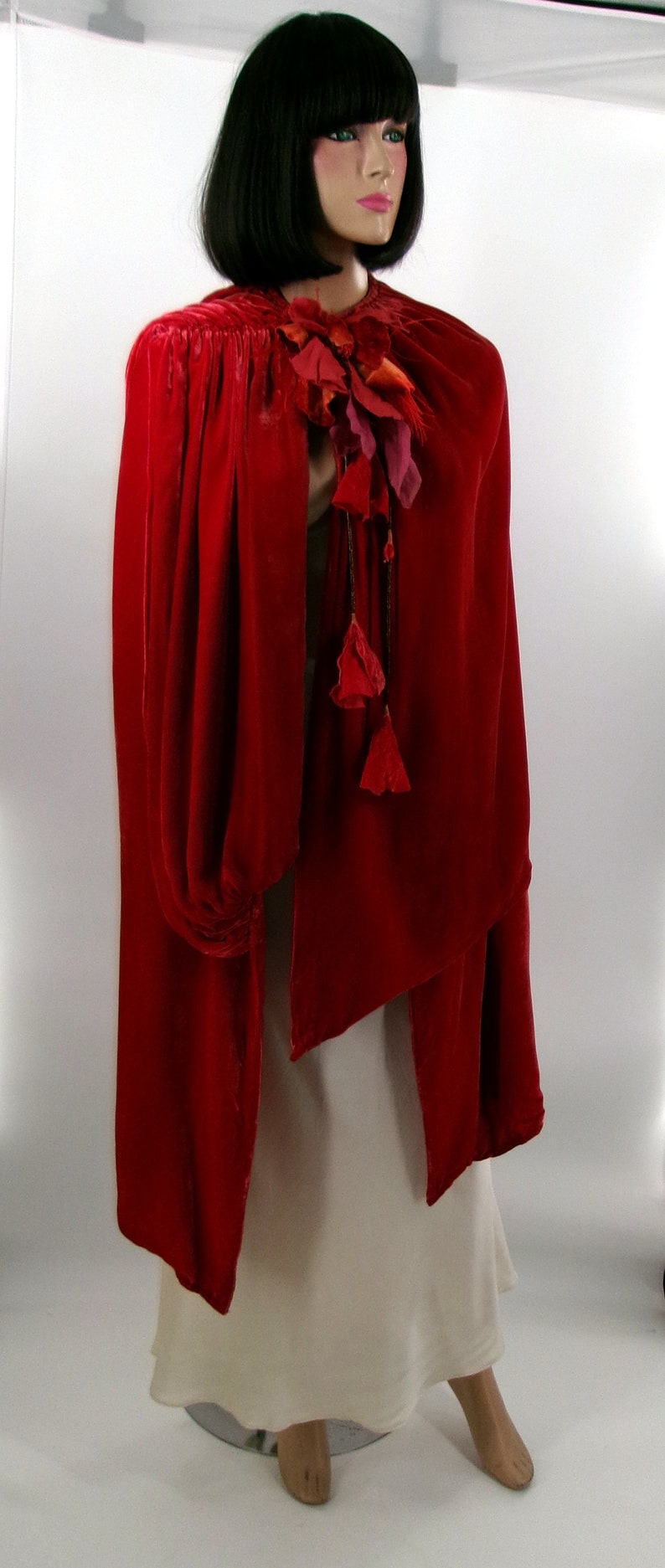 1920's Art Deco Cherry Silk Velvet Cloak With Floral Embellishment at ...