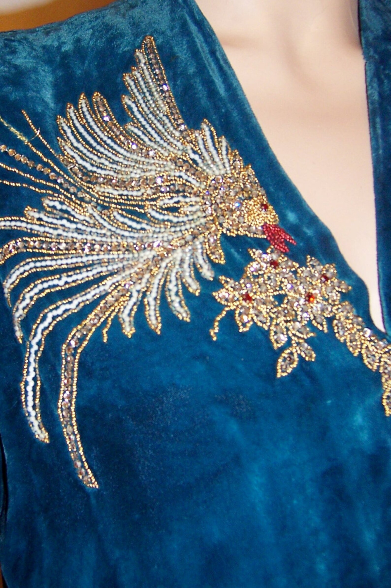 Luxurious Teal Silk Velvet House Wrapper With Beaded Bird, Flora, and ...