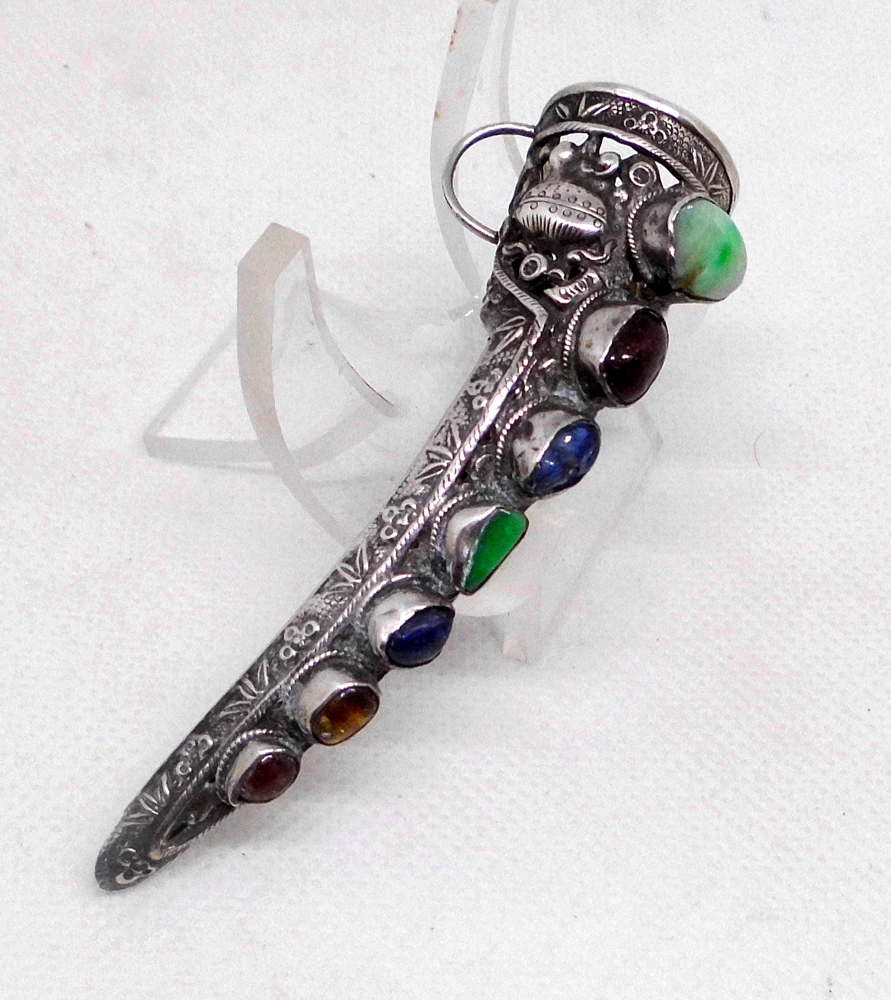 Elaborate Antique Chinese Silver Fingernail Guard With Semi-precious ...
