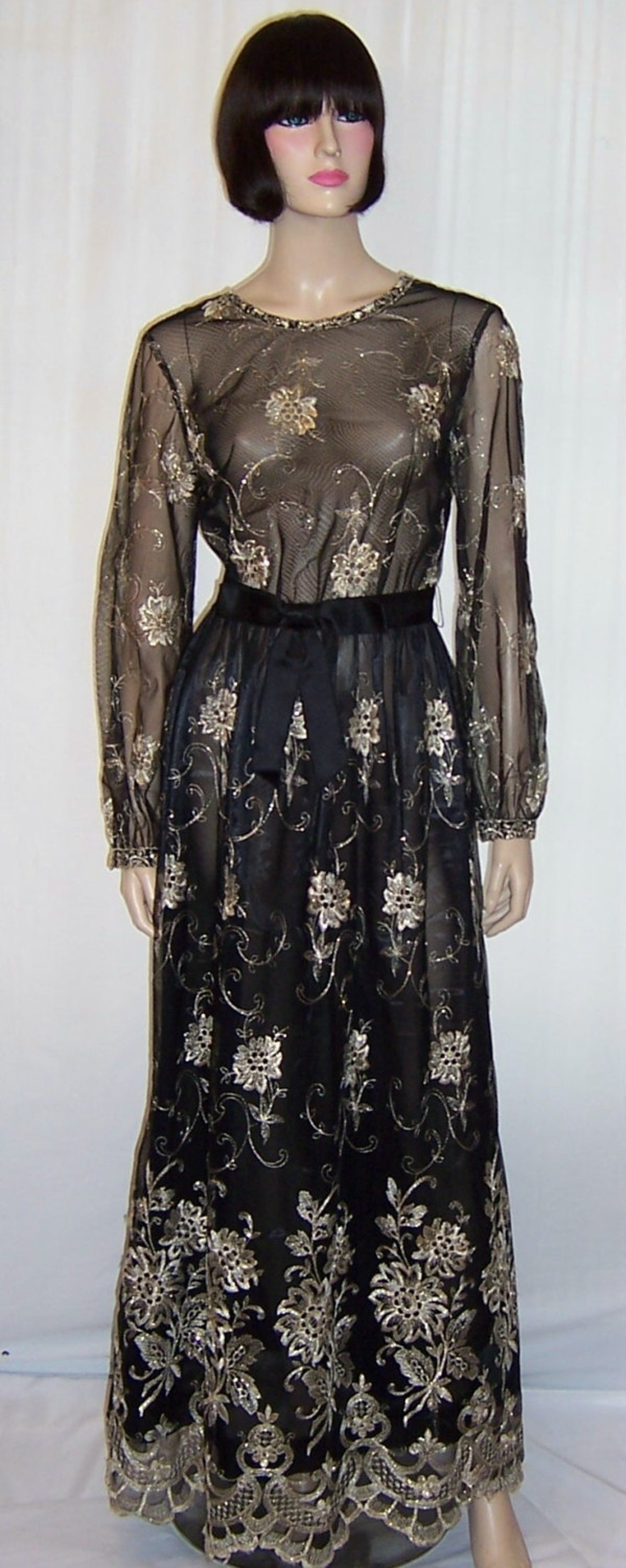 Elegant Black Net Evening Gown With Gold Metallic Embroidery - Etsy