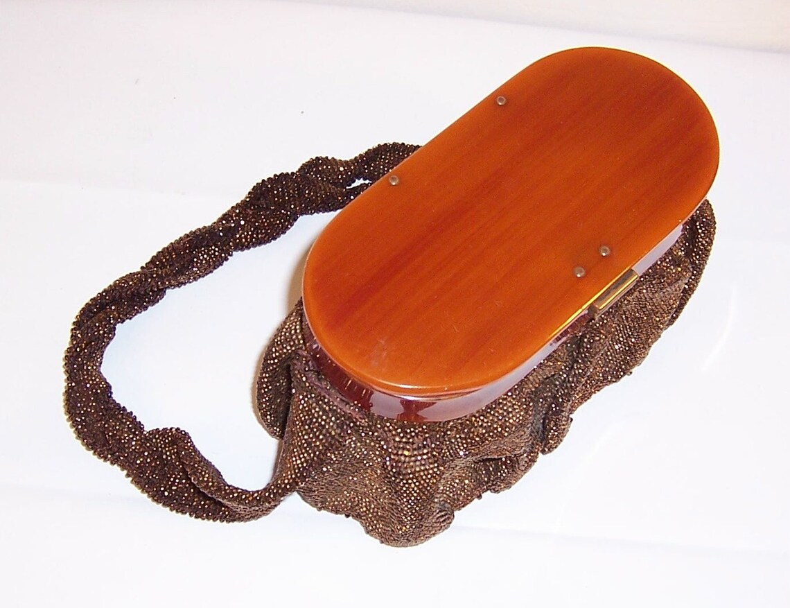 1940's Copper-colored, Glass Beaded, Oval-shaped Handbag With Bakelite ...